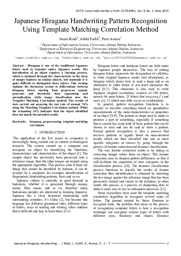 (PDF) Japanese Hiragana Handwriting Pattern Recognition Using Template Matching Correlation ...