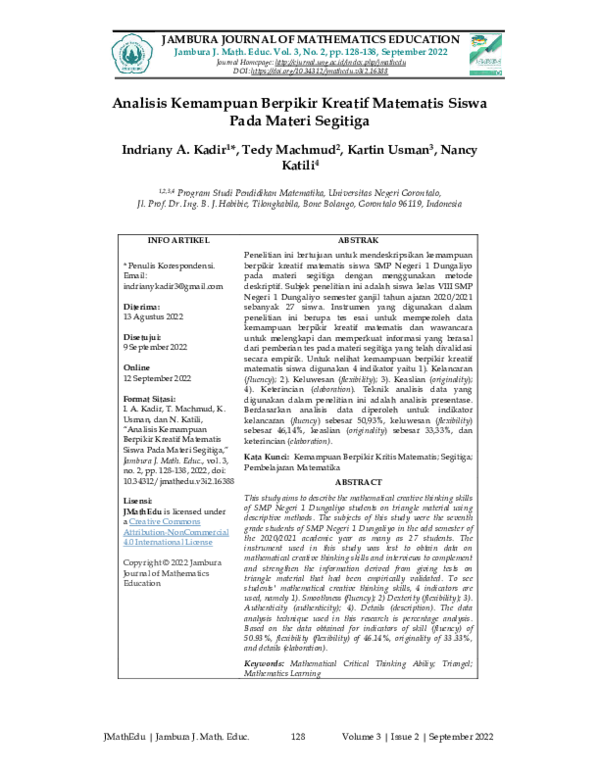 (PDF) Analisis Kemampuan Berpikir Kreatif Matematis Siswa Pada Materi Segitiga | Tedy Machmud ...
