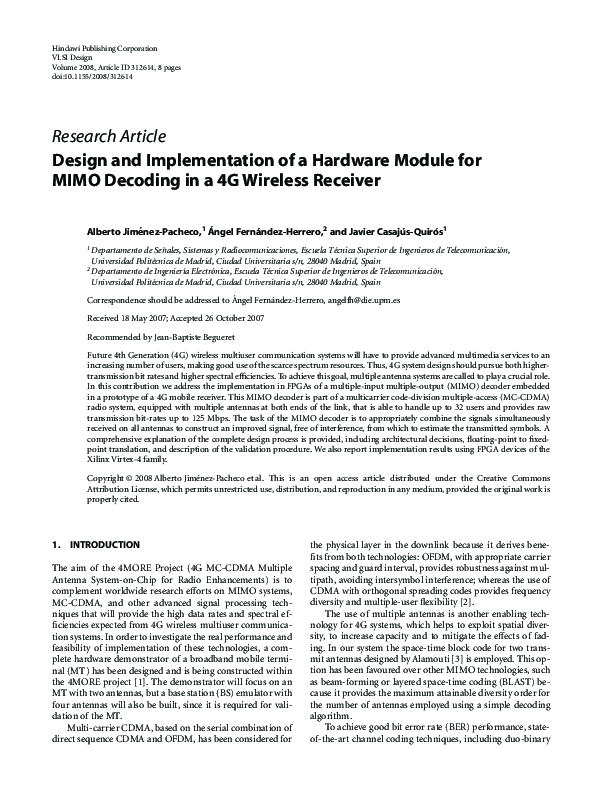 Pdf Design And Implementation Of A Hardware Module For Mimo Decoding In A 4g Wireless Receiver