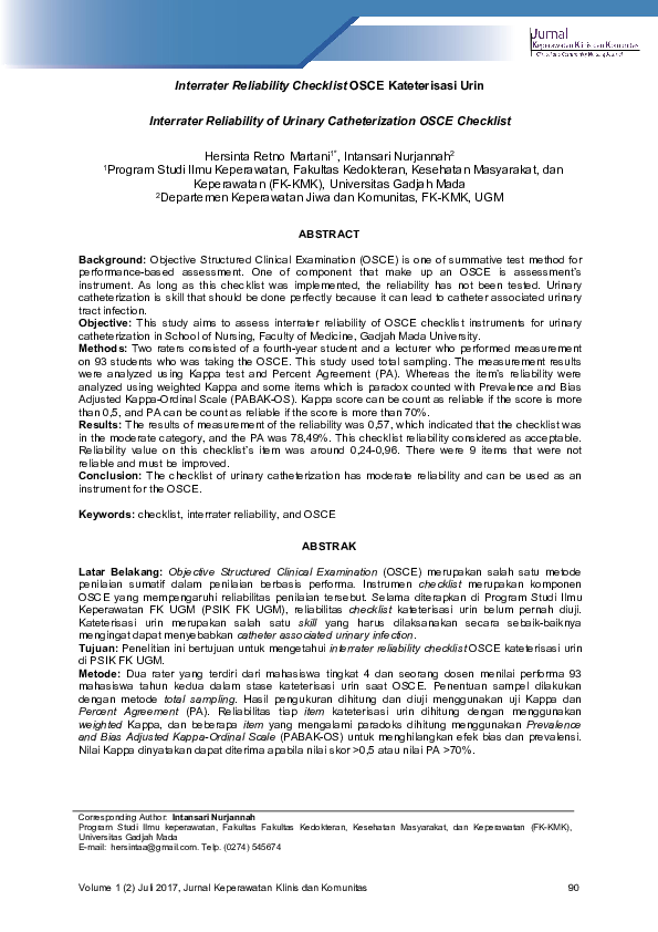 (PDF) Interrater Reliability Checklist Osce Kateterisasi Urin Di ...