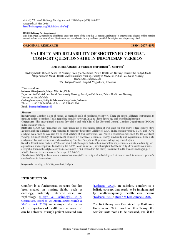 (PDF) Validity and reliability of Shortened General Comfort Questionnaire in Indonesian version