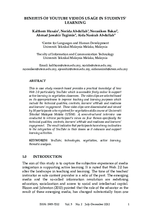 (PDF) Benefits of Youtube Videos Usage in Students’Learning
