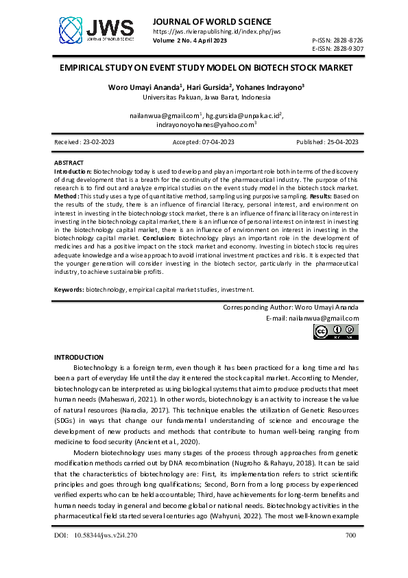 (PDF) Empirical Study on Event Study Model on Biotech Stock Market