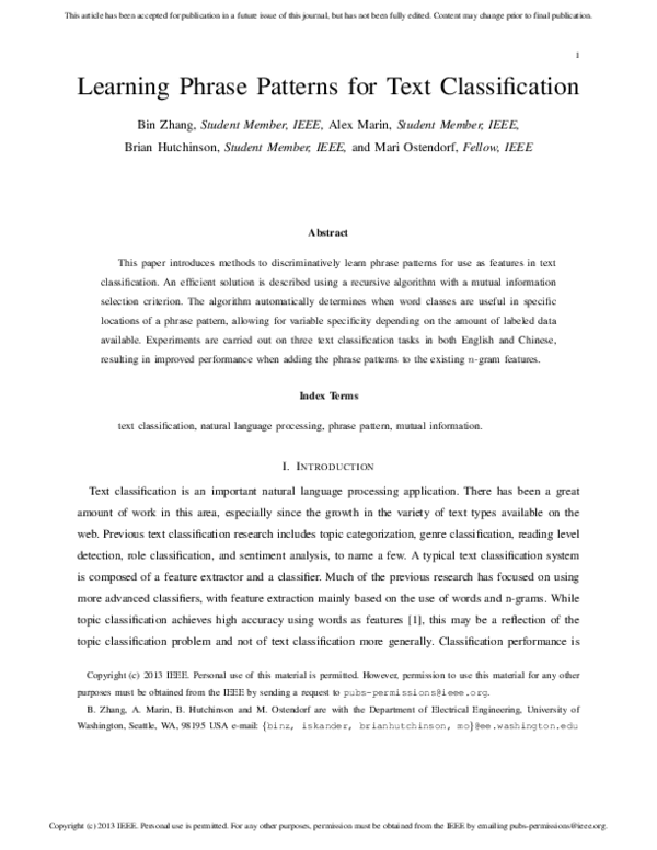 (PDF) Learning Phrase Patterns for Text Classification | Alex Marin ...