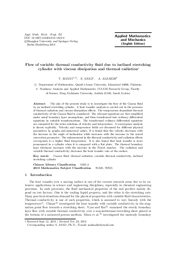Pdf Flow Of Variable Thermal Conductivity Fluid Due To Inclined Stretching Cylinder With