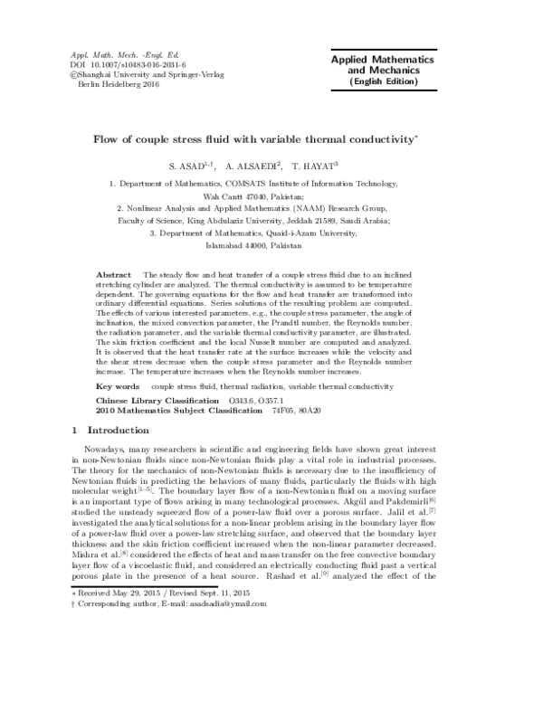Pdf Flow Of Couple Stress Fluid With Variable Thermal Conductivity