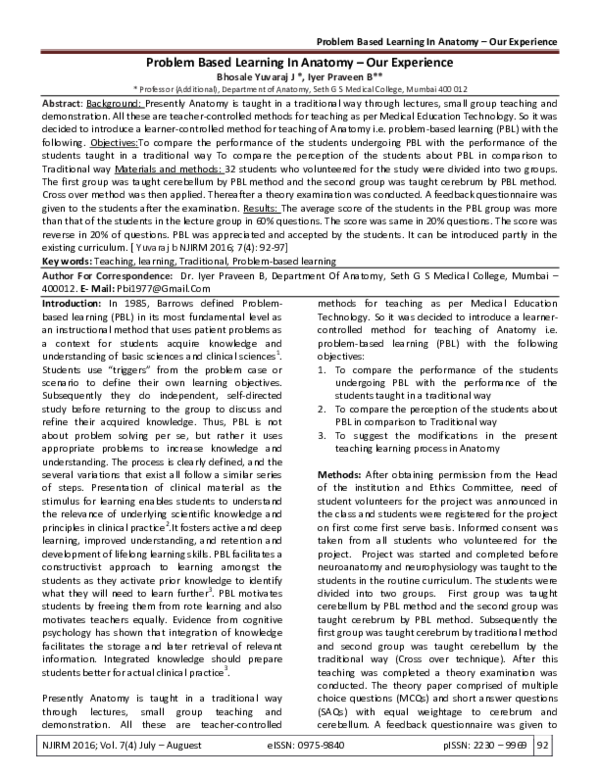 (PDF) Problem Based Learning In Anatomy – Our Experience