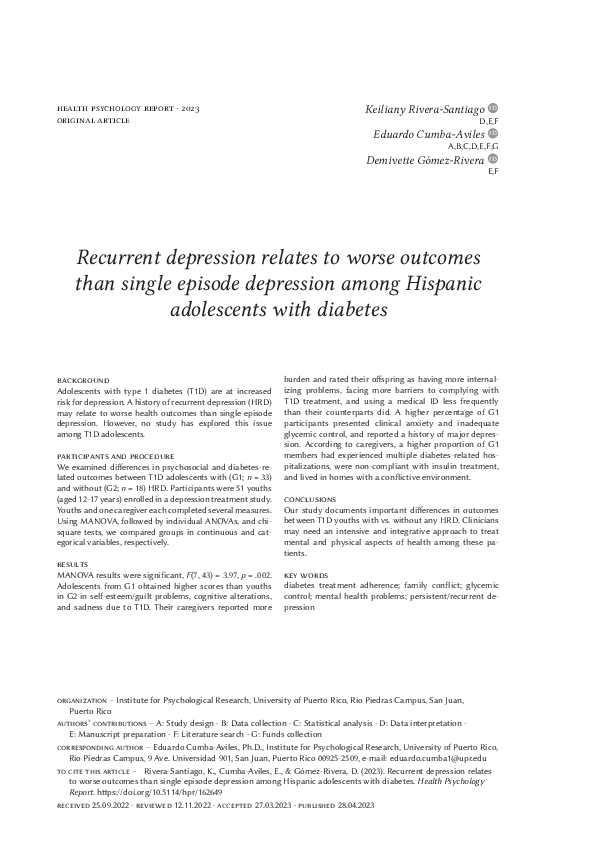 (PDF) Recurrent depression relates to worse outcomes than single ...