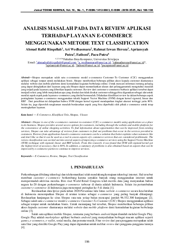 (PDF) Analisis Masalah Pada Data Review Aplikasi Terhadap Layanan E-Commerce Menggunakan Metode ...