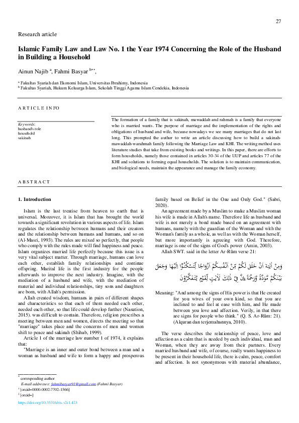 (PDF) Islamic Family Law and Law No. 1 the Year 1974 Concerning the ...