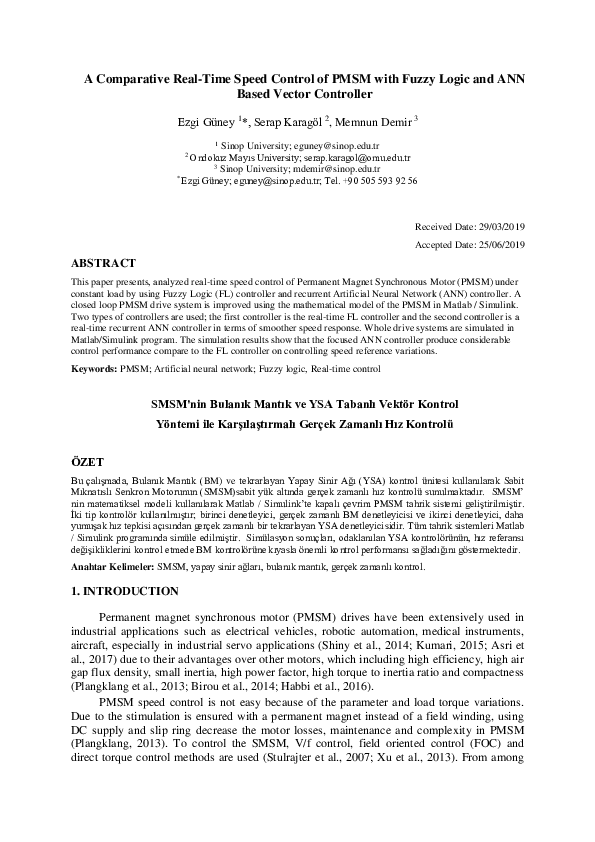 Pdf A Comparative Real Time Speed Control Of Pmsm With Fuzzy Logic And Ann Based Vector Controller