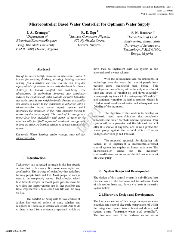 (PDF) Microcontroller Based Water Controller for Optimum Water Supply