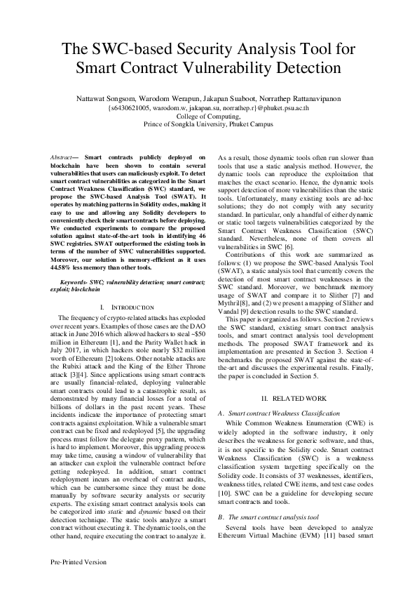 Pdf The Swc Based Security Analysis Tool For Smart Contract Vulnerability Detection Warodom