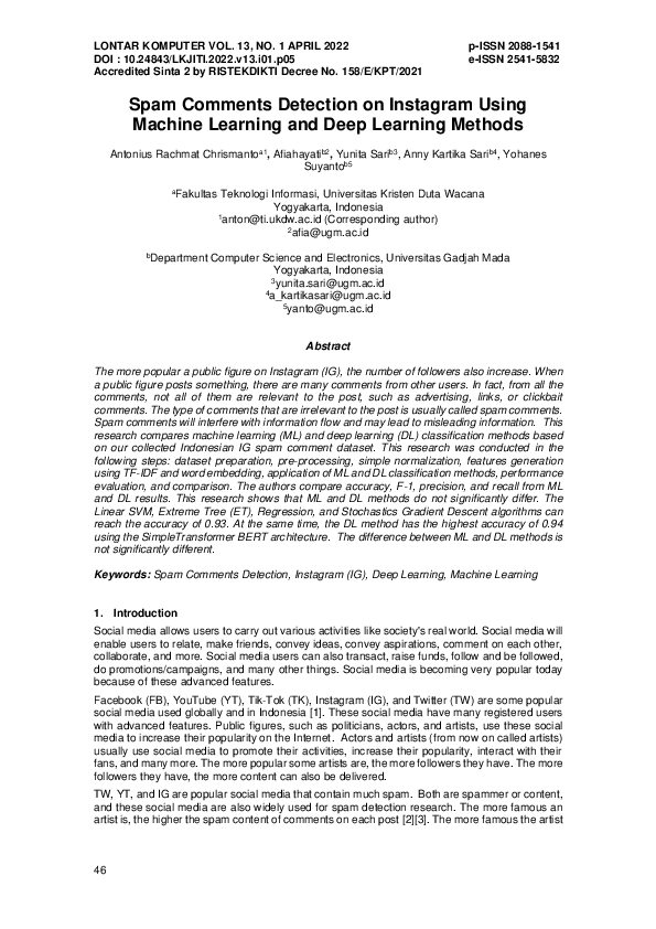 (PDF) Spam Comments Detection on Instagram Using Machine Learning and ...