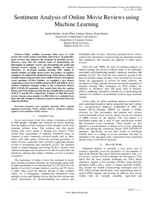 (PDF) Sentiment Analysis of Online Movie Reviews using Machine Learning