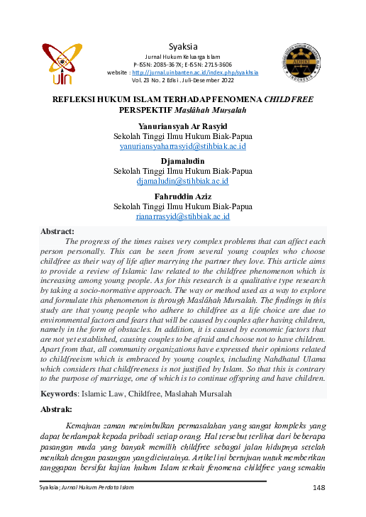 (PDF) REFLEKSI HUKUM ISLAM TERHADAP FENOMENA CHILDFREE PERSPEKTIF ...