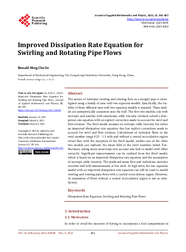 (PDF) Enhanced Dissipation Rate Modeling for Swirling Pipe Flows