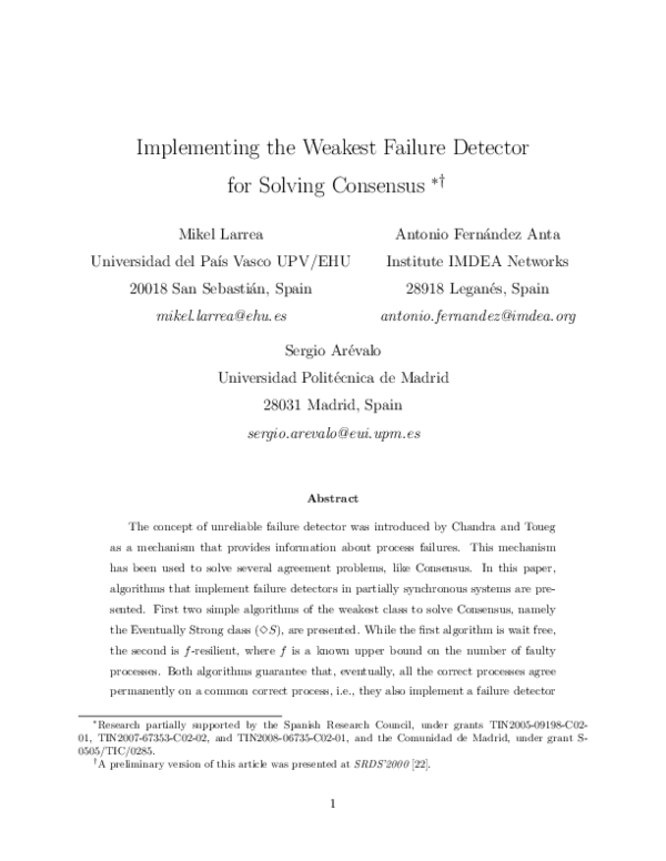 (PDF) Implementing the weakest failure detector for solving the consensus problem