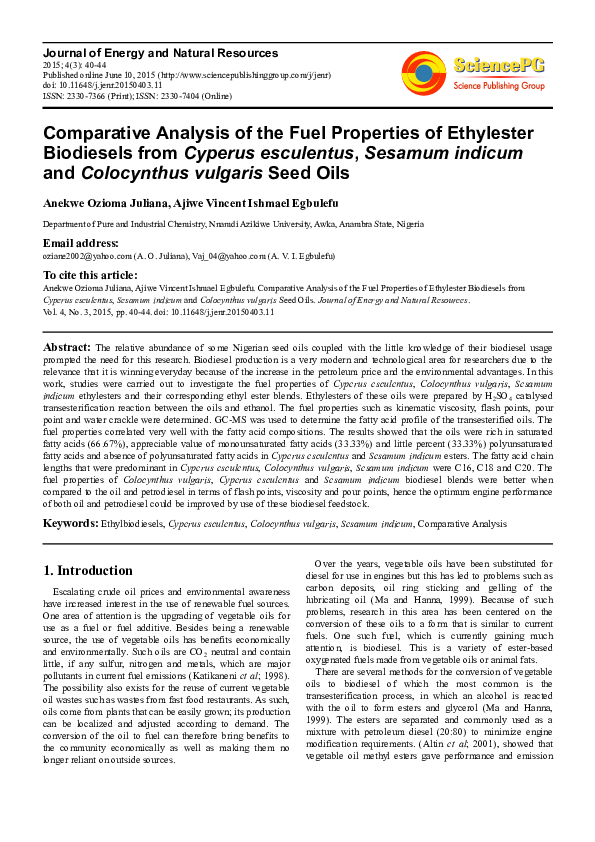 (PDF) Comparative Analysis of the Fuel Properties of Ethylester Biodiesels from Cyperus ...