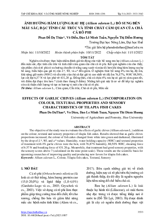 (PDF) ẢNH HƯỞNG HÀM LƯỢNG RAU HẸ (Allium odorum L.) BỔ SUNG ĐẾN MÀU SẮC ...
