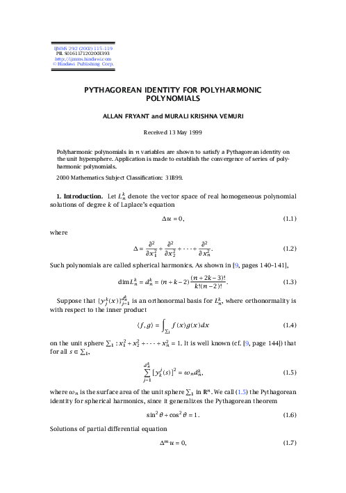 (PDF) Pythagorean identity for polyharmonic polynomials