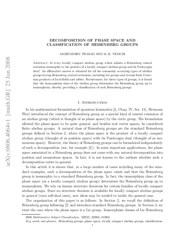 (PDF) Decomposition of phase space and classification of Heisenberg groups
