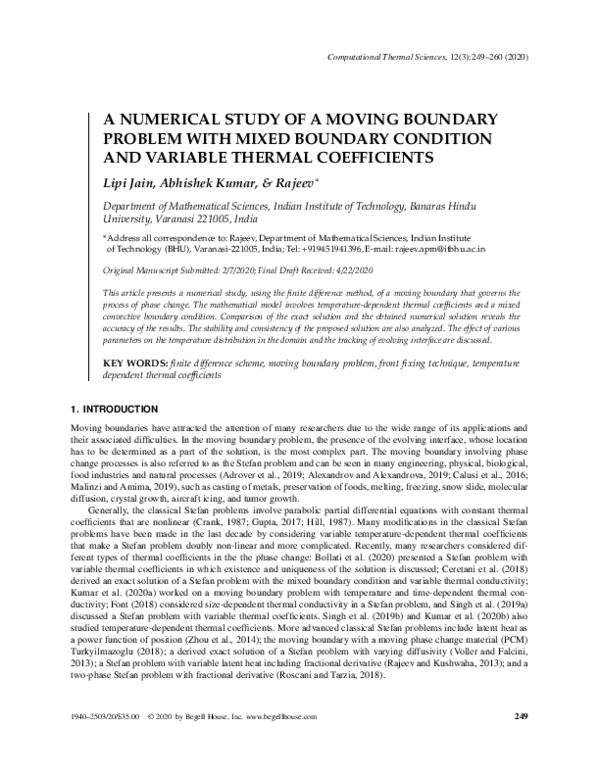 (PDF) A Numerical Study of a Moving Boundary Problem with Mixed Boundary Condition and Variable ...
