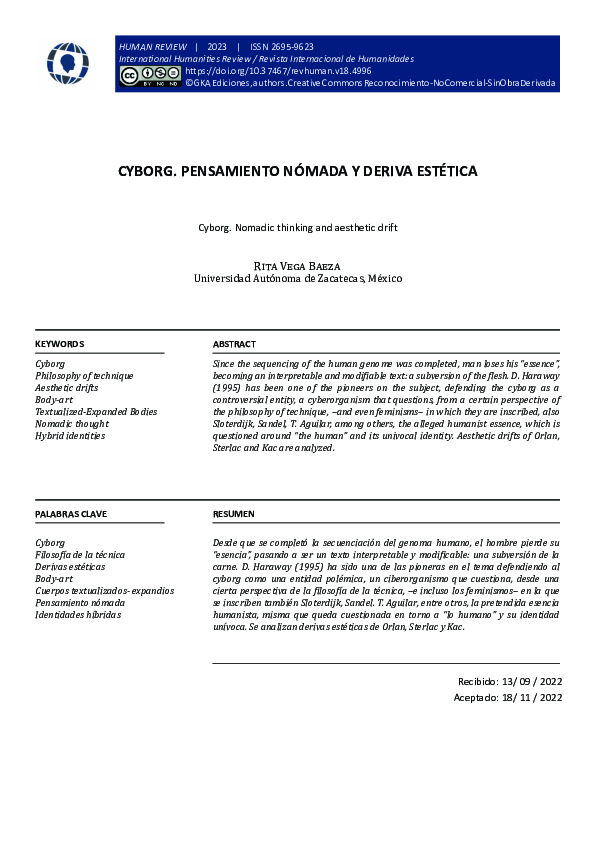 (PDF) CYBORG. PENSAMIENTO NÓMADA Y DERIVA ESTÉTICA Cyborg. Nomadic ...