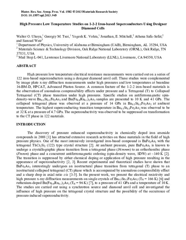 (PDF) High Pressure Low Temperature Studies on 1-2-2 Iron-based Superconductors Using Designer ...