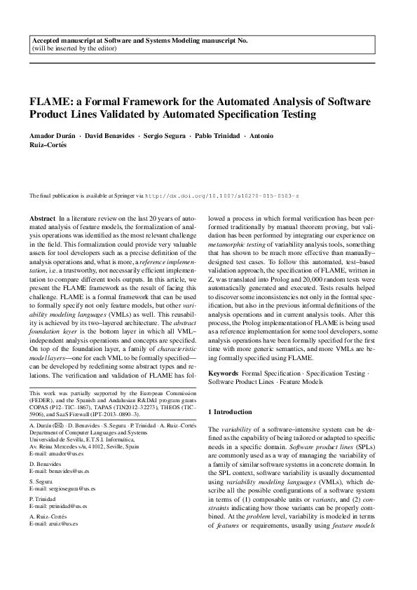 (PDF) FLAME: a formal framework for the automated analysis of software product lines validated ...