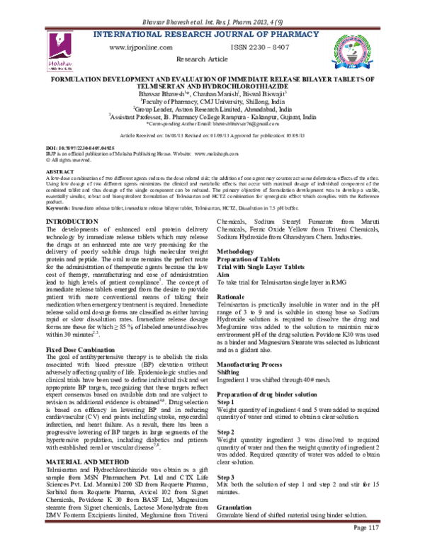 Pdf Formulation Development And Evaluation Of Immediate Release Bilayer Tablets Of Telmisertan