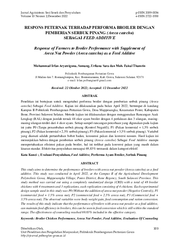 (PDF) RESPONS PETERNAK TERHADAP PERFORMA BROILER DENGAN PEMBERIAN SERBUK PINANG (Areca catechu ...