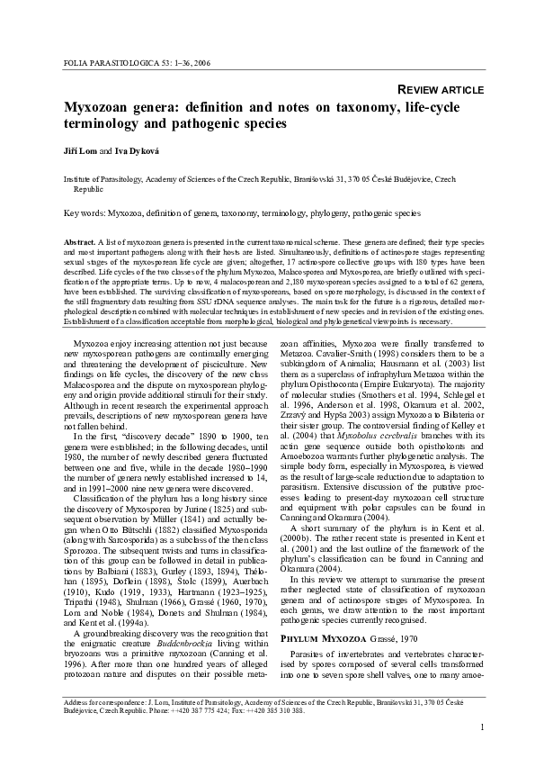 (PDF) Myxozoan genera: definition and notes on taxonomy, life-cycle ...