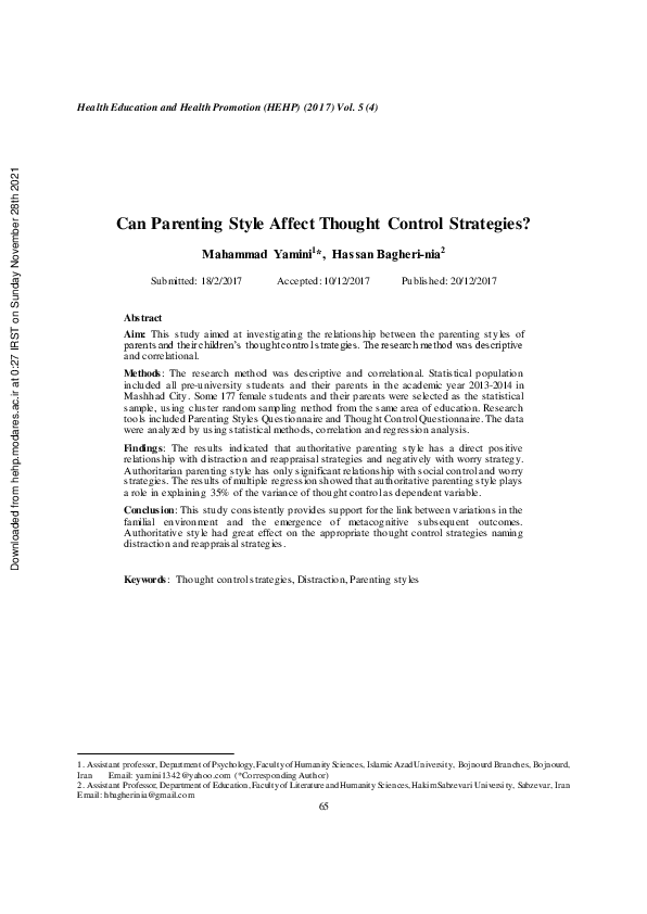 (PDF) Impact of Parenting on Thought Control Strategies