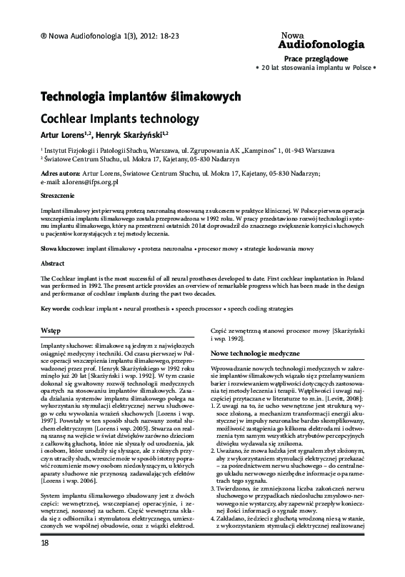 (PDF) Cochlear Implants technology | Artur Lorens - Academia.edu