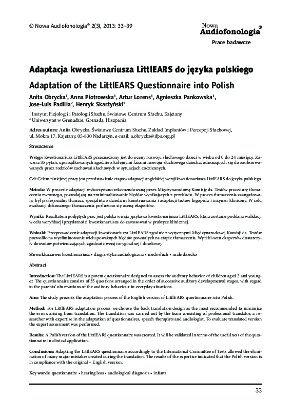 (PDF) Adaptation of the LittlEARS Questionnaire into Polish | Artur ...