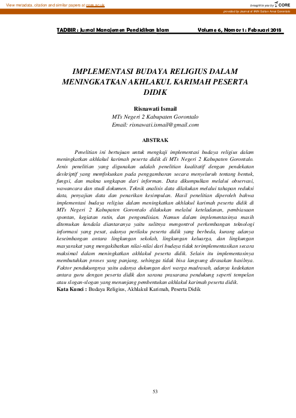 (PDF) Implementasi Budaya Religius Dalam Meningkatkan Akhlakul Karimah ...