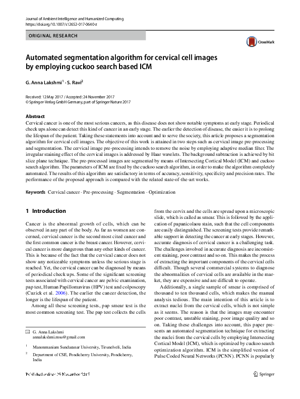 (PDF) Automated segmentation algorithm for cervical cell images by employing cuckoo search based ICM