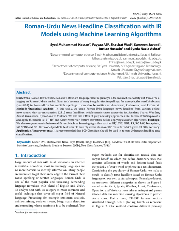 (PDF) Roman-Urdu News Headline Classification with IR Models using Machine Learning Algorithms ...
