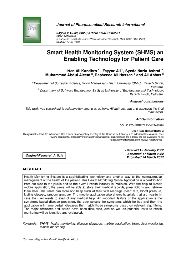 (PDF) Smart Health Monitoring System (SHMS) an Enabling Technology for Patient Care