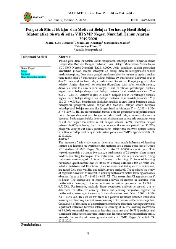 (PDF) Pengaruh Minat Belajar dan Motivasi Belajar Terhadap Hasil Belajar Matematika Siswa di ...