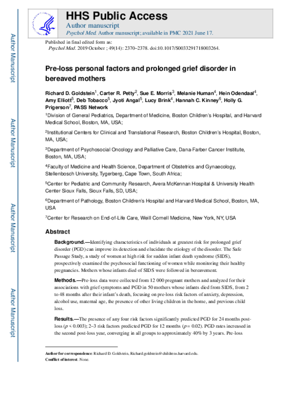 (PDF) Pre-loss personal factors and prolonged grief disorder in ...