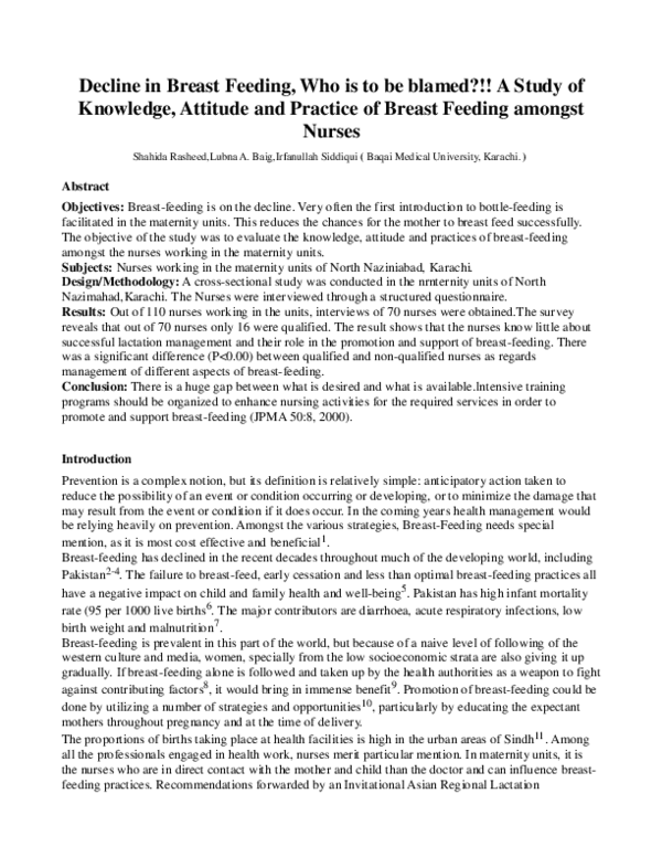 (PDF) Decline in breast feeding, who is to be blamed?!! A study of ...