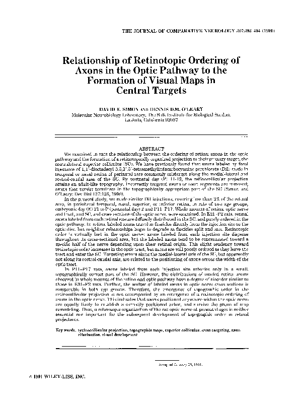 (PDF) Relationship of retinotopic ordering of axons in the optic pathway to the formation of ...
