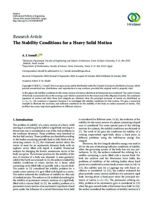 (PDF) The Stability Conditions for a Heavy Solid Motion