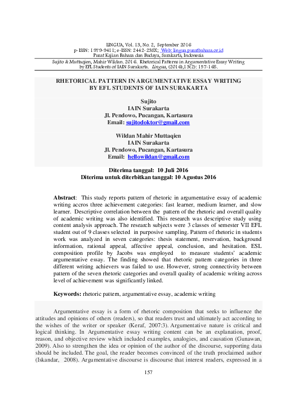 (PDF) Rhetorical Pattern in Argumentative Essay Writing by Efl Students ...