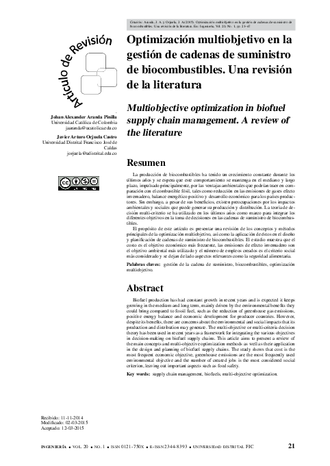 (PDF) Optimización multiobjetivo en la gestión de cadenas de suministro de biocombustibles. Una ...