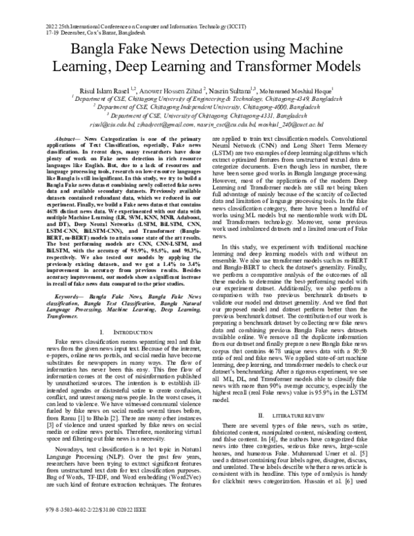 (PDF) Bangla Fake News Detection using Machine Learning, Deep Learning and Transformer Models