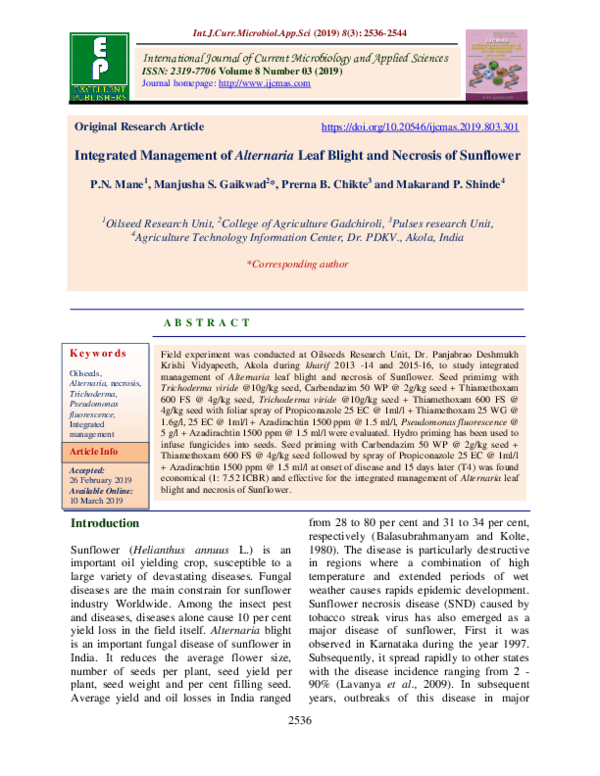 (PDF) Integrated Management of Alternaria Leaf Blight and Necrosis of Sunflower