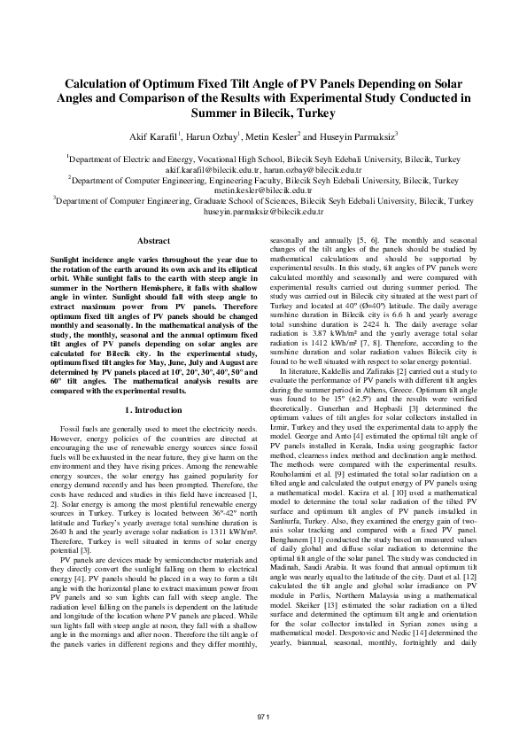 (PDF) Calculation of optimum fixed tilt angle of PV panels depending on solar angles and ...